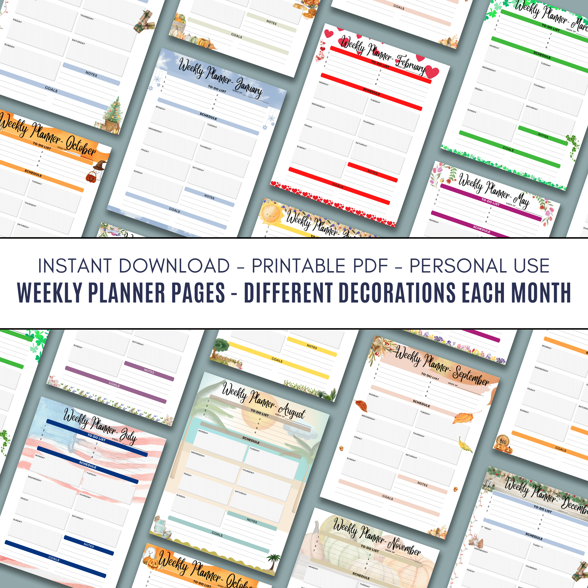 12 Unique Monthly Planner Pages - Different Decorations Each Month ...